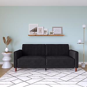 DHP Ivana 82 Inch Futon Sofa Bed in Velvet Fabric, Upholstered Couch Sleeper with Tufted Back, Mid-Century Modern, Black