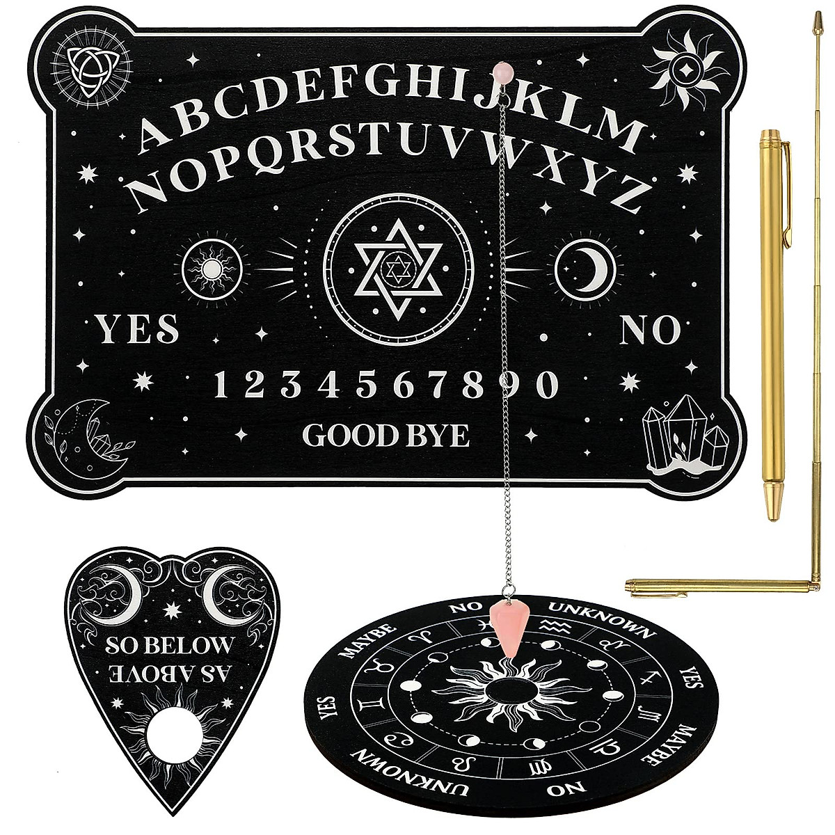 Pendulum Board Dowsing Kit with 3 Pcs Wooden Spirit Board Talking Board,1 Metaphysical Message Crystal Pendulum Necklace,2 Pcs Retractable Copper Dowsing Rods for Ghost Hunting, Energy Healing