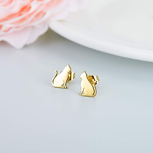 Solid 14k Gold Cat Earrings, Real 14 Carat Gold Stud Earrings for Women Teens, Animal Jewelry Gifts for Her