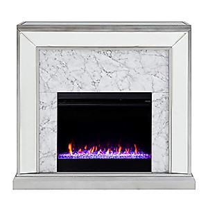 SEI Furniture Trandling Mirrored & Faux Marble Color Changing Electric Fireplace, Antique Silver-White Marble