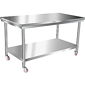 Commercial Kitchen Work Catering Table, Stainless Steel Work Table Commercial Kitchen Work Table Heavy Duty Prep Worktable with 4 Casters (Wheels) for Restaurant, Home (Size : 80X60X85CM)