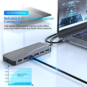 USB C Hub, Rocketek 14-in-1 USB C Docking Station Triple Display with Ethernet 4K USB C to HDMI Adapter DP USB hub adapter SD/TF Card Reader Audio USB-C PD 3.0 Type C Hub for Mac Pro and Type C Laptop