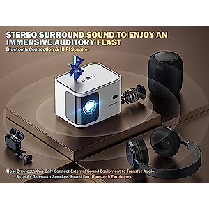 [Electric Focus] 5G WiFi Mini Bluetooth Projector 4K Support, 300 ANSI HD 1080P Portable Video Projector, ±40° Vertical Keystone|Zoom|Timer, DBPOWER Smartphone Projector Outdoor Movie for PC/TV(White)