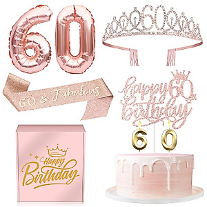 60th Birthday Gifts Decorations for Women - 60 Birthday Cake Topper, Balloons, Queen Sash, Crown and Candle Set, Rose Gold