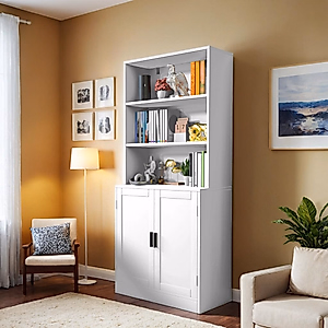 holzart 75" Tall Bookcase with Doors, 5 Tier Large Bookshelf with Cabinet, Standing Wood Display Book Shelf for Living Room, Office, Library with Doors, White