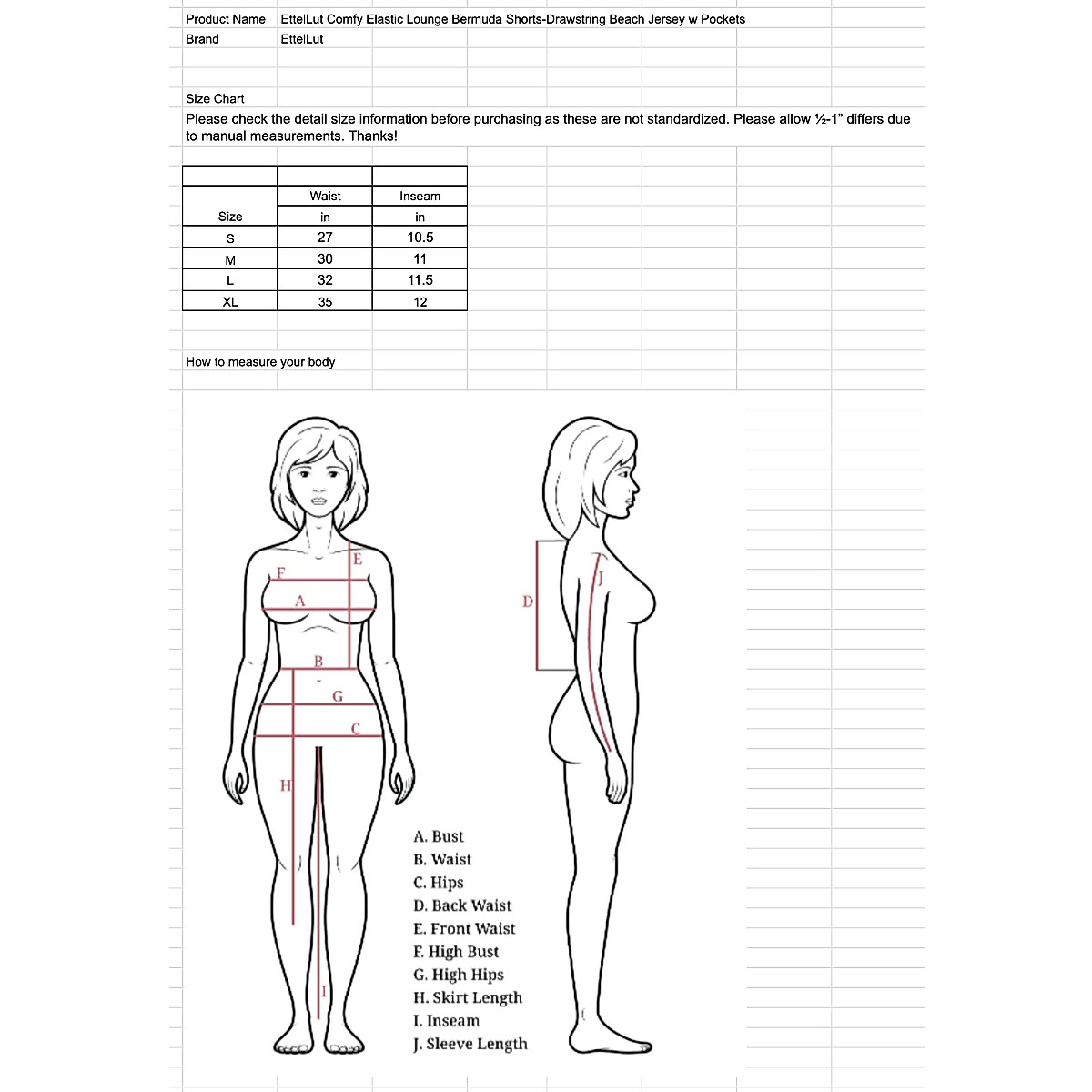 EttelLut - Women's Knee Length Comfy Elastic Bermuda Shorts with Side Pockets - Black Large