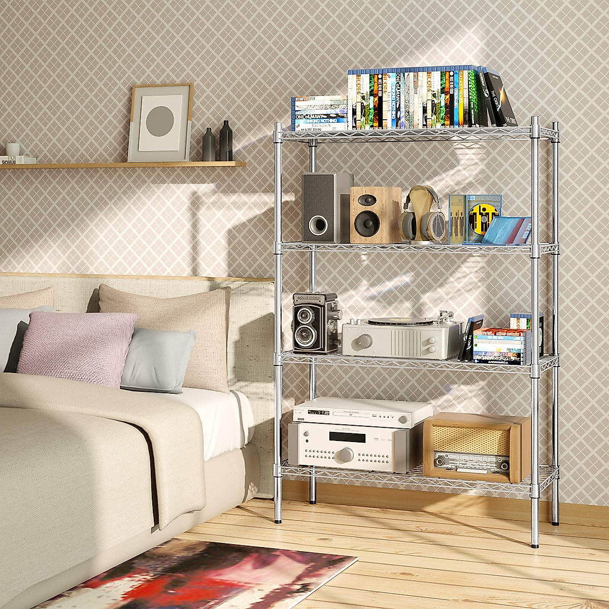 Auslar 4-Shelf Storage Wire Shelves Heavy Duty 4 Tiers Standing Shelving Units Adjustable Metal Organizer Wire Rack, Chrome