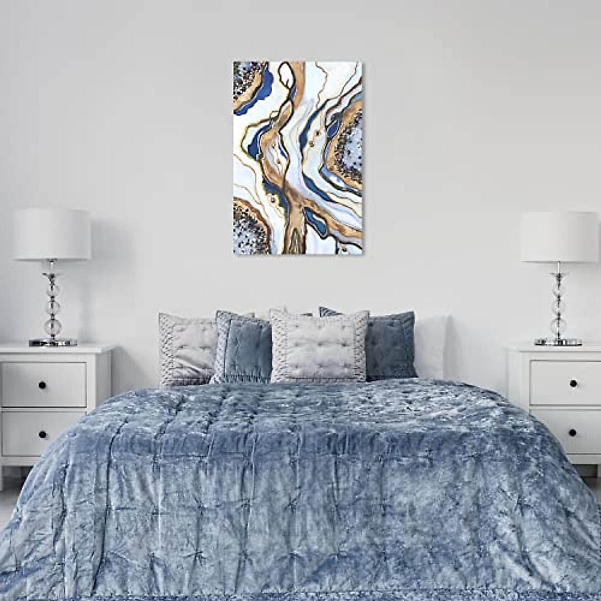 Wynwood Studio Abstract Modern Canvas Wall Art Shadows Play Living Room Bedroom and Bathroom Home Decor 24 in x 36 in Gold and Blue