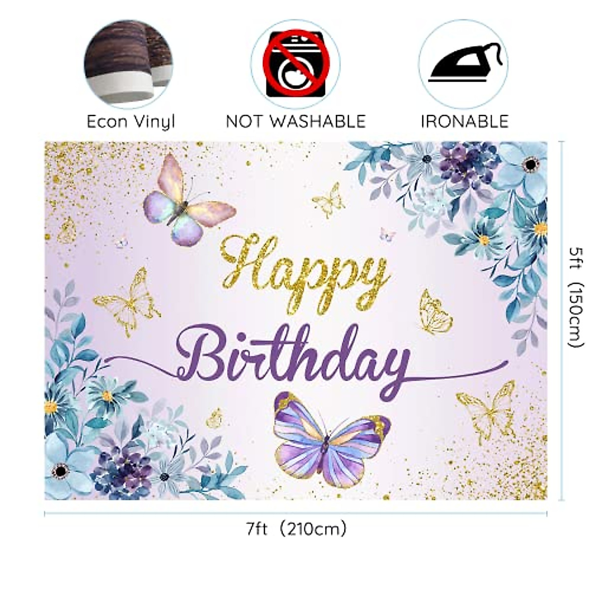 7x5ft Butterfly Happy Birthday Backdrop Purple Butterfly Kisses and Bday Wishes Butterflies Blue Floral Gold Spots Flowers Photography Background for Princess Girl Party Decoration Banner Photo Booth