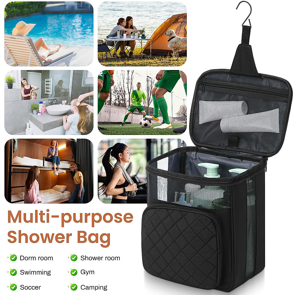 KUSOOFA Shower Caddy Tote Bag Portable Quick Dry,College Dorm Room Essentials for Girls Mesh Shower Bag Hanging for Women,Camp,Gym,Travel (Black quilted)