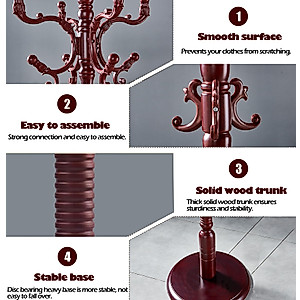 Sauqzoh Coat Racks Free Standing with 14 Hooks, Natural Wood Coat Stands for Entryway, Adjustable Height 73 in Tree Coat Rack Stand for Hallway Home Office Bedroom (Mahogany)