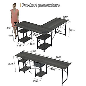 SZXKT L Shaped Desk with Drawers, Gaming Desk, Corner Computer Desk with Storage and Power Outlet,Reversible U Shaped Work Pc Desk for Home Office with Monitor Stand 2 Person Long Desk 56 Inch Gray