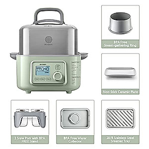 BUYDEEM G563 5-Quart Electric Food Steamer for Cooking, One Touch Vegetable Steamer, Digital Multifunctional Steamer, Quick Steam in 60s, Stainless Steel Steamer Tray & Glass Lid, Cozy Greenish, 1500W