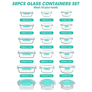 VERONES 30 Pieces Glass Meal Prep Containers Set, Airtight Glass Lunch Containers, Stackable Glass Food Storage Containers with Lids, for Microwave, Oven, Freezer & Dishwasher Friendly,Green
