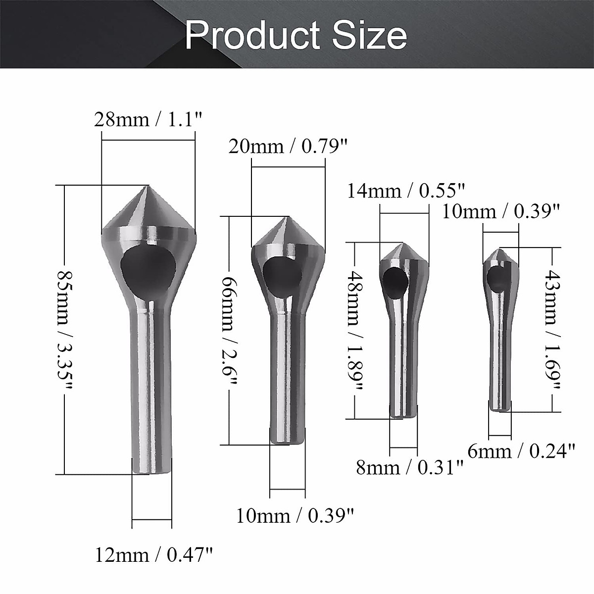 Chaot Countersink Chamfer Deburring Drill Bit Set 2-5mm 5-10mm 10-15mm 15-20mm Round Shank Woodworking Tool 4241 HSS 4pcs (T2)