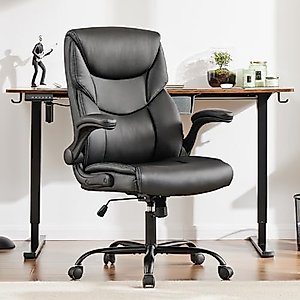 OLIXIS Ergonomic Home Office Desk Chair - Executive Big Tall High Back with Comfy Lumbar Support & Flip Up Armrest, PU Leather Computer Gaming Task Chairs with Swivel Wheels, Height Adjustable, Black