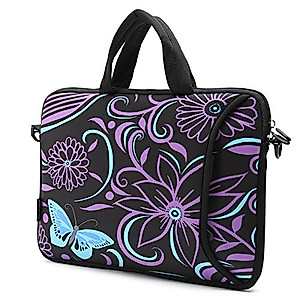 AUPET 16 16.5 17-17.3-Inch Water Resistant Neoprene Sleeve Notebook Neoprene Messenger Case Tote Bag with Outside Handle and Adjustable Shoulder Strap & Extra Pocket(Purple Flower)