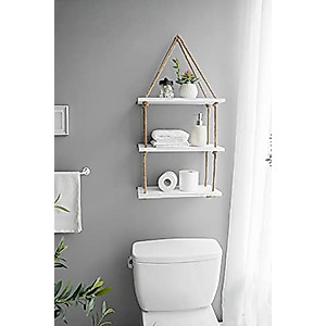 Mkono Hanging Shelves 3 Tier White Wood Wall Mount Floating Shelf with Rope Boho Decor for Living Room Bathroom Bedroom Kitchen Apartment - Rustic Wood Decorative Storage Shelf