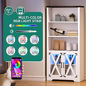 YITAHOME Bookcase with Doors&LED Light, White Bookshelf with Storage Cabinet, Wooden Farmhouse Bookshelves for Living Room/Bedroom/Dining Room/Bathroom