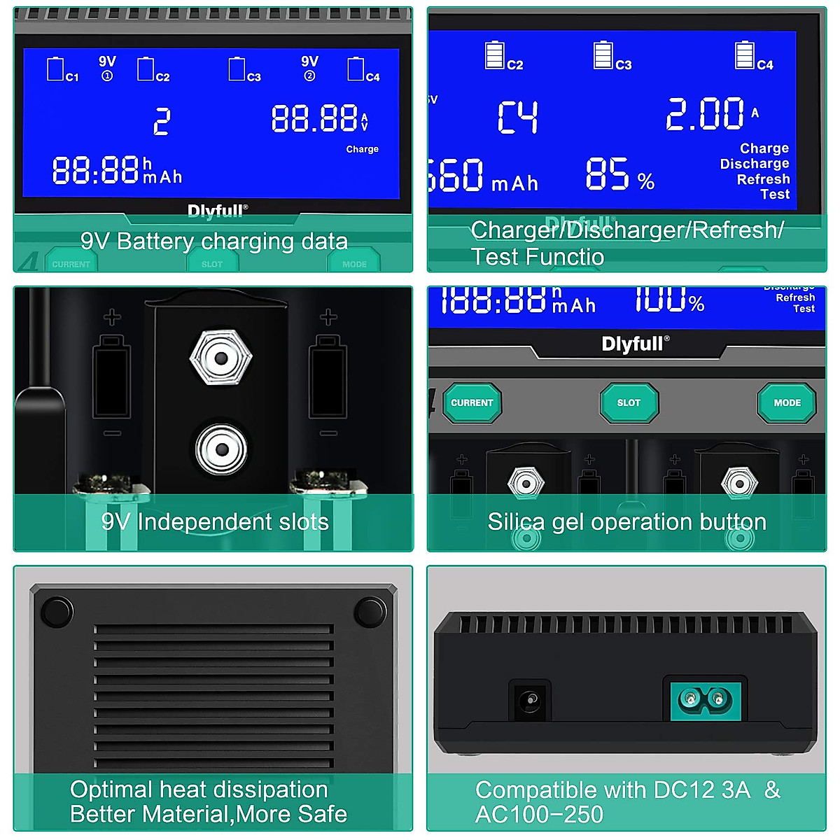 9V 18650 Rechargeable Battery Charger, Universal Battery Charger for 18650 AA AAA C D 9V 26650, Household Li-ion Nimh Battery Charger with Smart Display, 6 Bay(2 9V Battery Bay and 4 Universal Bay)
