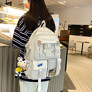 KOWVOWZ Kawaii Backpack for Teen Girls Aesthetic Student Bookbags with Cute pin bear pendant harajuku school nylon waterproof (white)