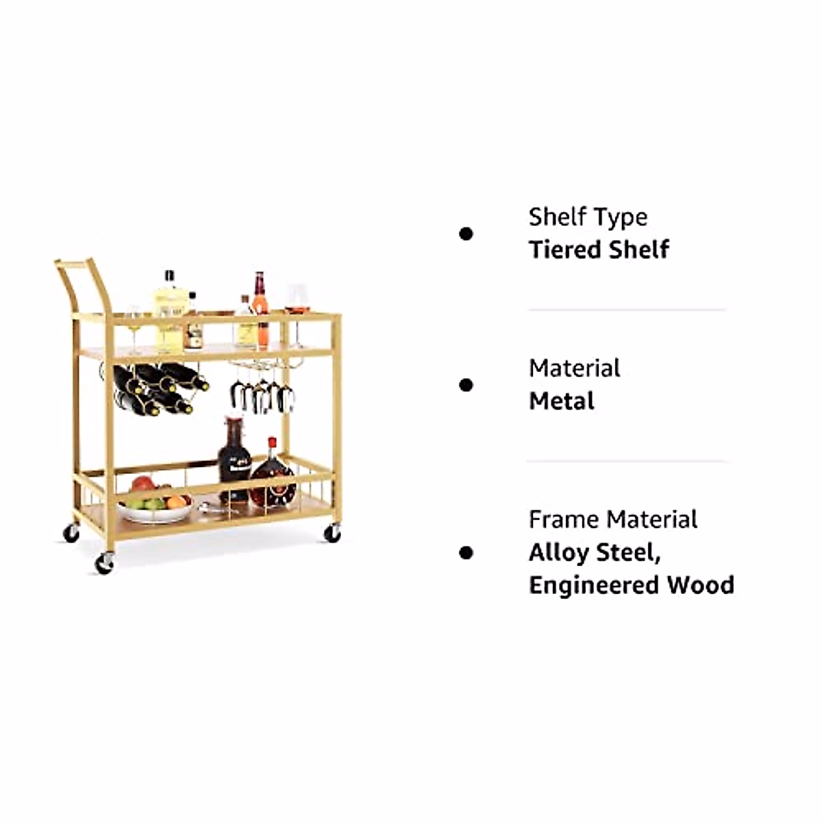 JUMMICO Bar Cart Industrial Home Mobile Wine Cart Serving Bar Cart on Wheels with Storage Shelves Wine Rack and Glass Holder for Living Room, Kitchen, Corridor, Hallway,Gold