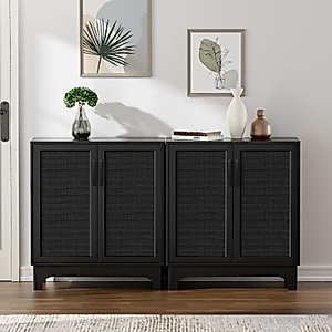 Anmytek Black Rattan Storage Cabinet with 2 Doors, Adjustable Shelf, Large Space - Entryway Hallway Cabinet, Sideboard Buffet for Living Room, Kitchen H0095