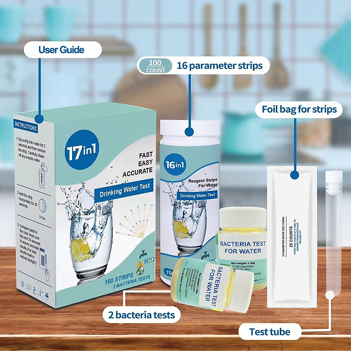 17 in 1 Complete Drinking Water Test Kit 100 Strips + 2 Bacteria Home Texter Kits - Well, Tap, Home, City Water Testing Strip for Lead, Alkaline, Chlorine, Hardness, Iron, Fluoride, Copper & More