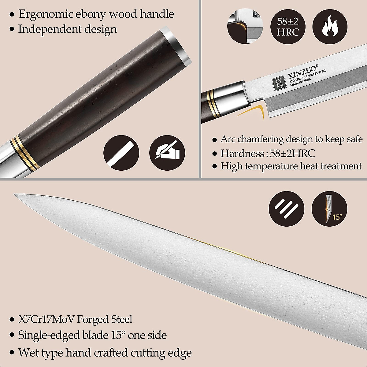 XINZUO 12 Inch Sashimi Knife X7Cr17MoV Forged Steel,Traditional Japanese Crafts Yanagiba Filleting Knife,Single-edged Blade,Professional Chef Sushi Knife-Ebony Wood Handle-Betula Wooden Sheath