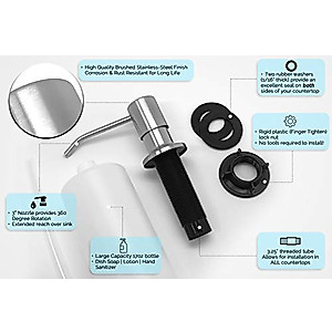 Ultimate Kitchen Built-in Soap Dispenser for Kitchen or Bathroom: Durable Stainless Steel; Fills from top, Large 17oz. Bottle; Long 3 inch Nozzle; Check Valve maintains Prime. Satin Finish