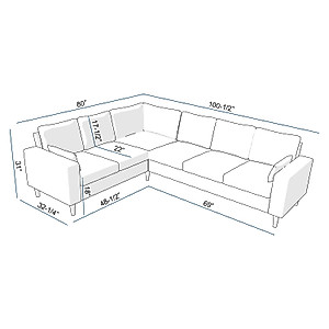 Panana 100 inches Sectional Sofa Couch for Living Room, Modern Gray Fabric L-Shaped 6 Seat Sofa Corner Couch with, Upholstered Sofa withSolid Wood Legs for Home Office