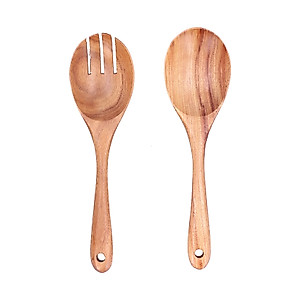 2Pcs / Set Wooden Mixing Spoon Fork with Hanging Holes, Ergonomic Design, Ideal for School Office Festival Use