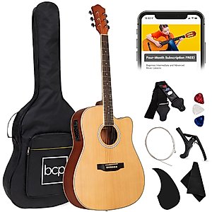 Best Choice Products Beginner Acoustic Electric Guitar Starter Set 41in w/All Wood Cutaway Design, Carrying Case, Strap, Picks, Cable - Natural