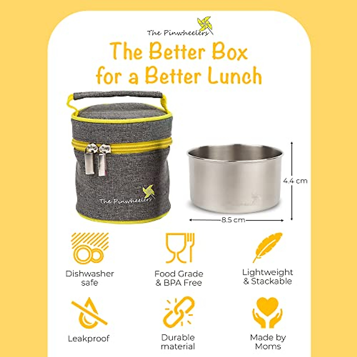 The Pinwheelers - 2 Storage Containers With Lids + 1 Insulated Bag, Food Storage Container for Mini Food, Adults & Kids Snack Container for Christmas Cookies/Christmas Candy, 220 mL, Yellow Gray Bag