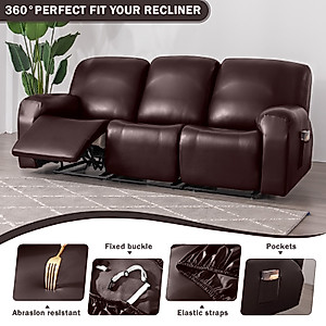 vctops 8 Pieces Waterproof Faux PU Leather Recliner Sofa Covers Stretch Soft 3 Seats Couch Cover Anti-Slip Sofa Slipcover Furniture Protector with Elastic Bottom for Kids Pet(Dark Coffee,3 Seat)