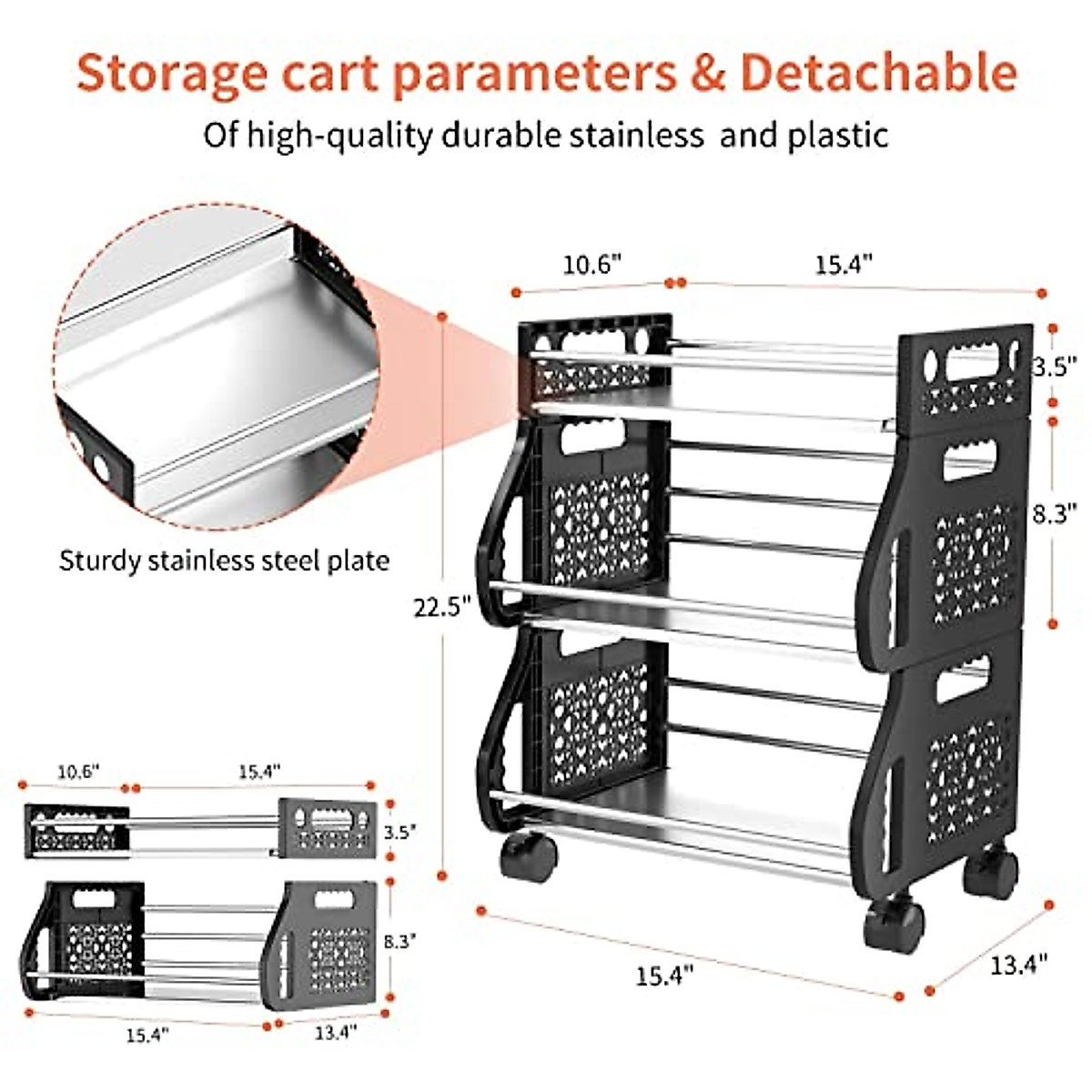 Fruit Vegetable Storage Basket,COORACK 3-Tier Stackable Kitchen Baskets Fruit and Vegetable Stand Rack with Wheels,Storage Cart for Kitchen, Free-Standing Organizer for Kitchen,Bedroom,Bathroom,Garage