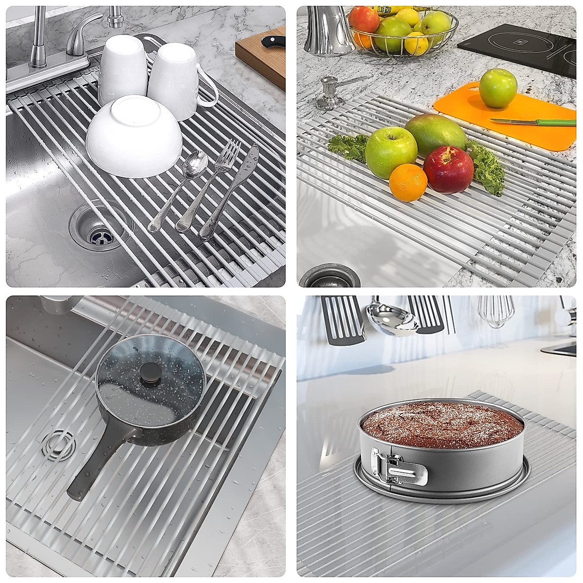 TPMXEMR Roll Up Dish Drying Rack, Over The Sink Dish Drying Rack Heat-Resistant Anti-Slip, 20.5" L x 13.1" W Heavy Duty Silicone Wrapped Steel Rods Dish Drying Rack for Kitchen Counter