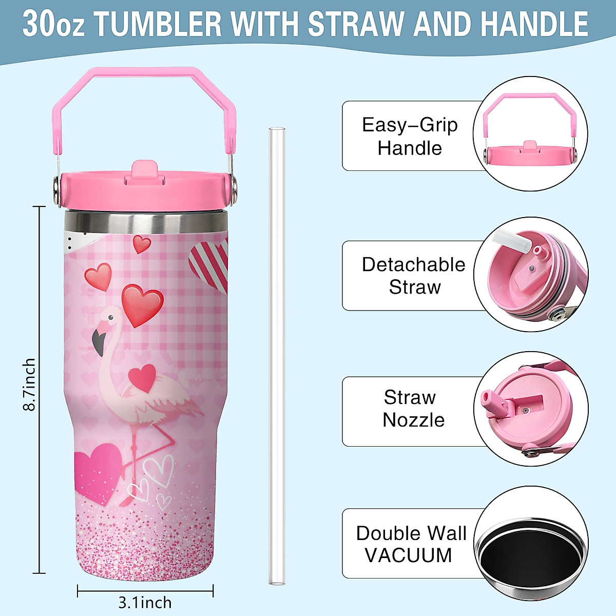 30oz Insulated Flamingo Tumbler with Handle, Featuring a Leak-proof 2-in-1 Lid and Straw, a Vacuum-insulated Travel Coffee Mug, Portable Stainless Steel Water Bottle, Suitable for Both Women and Men
