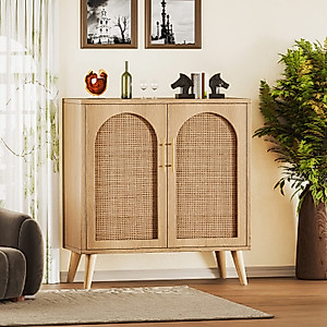 Rovaurx Rattan Storage Cabinet with Doors, Accent Bathroom Floor Cabinet, Modern Sideboard Buffet Cabinet for Living Room, Entryway, Dining Room and Kitchen, Natural BMGZ108M