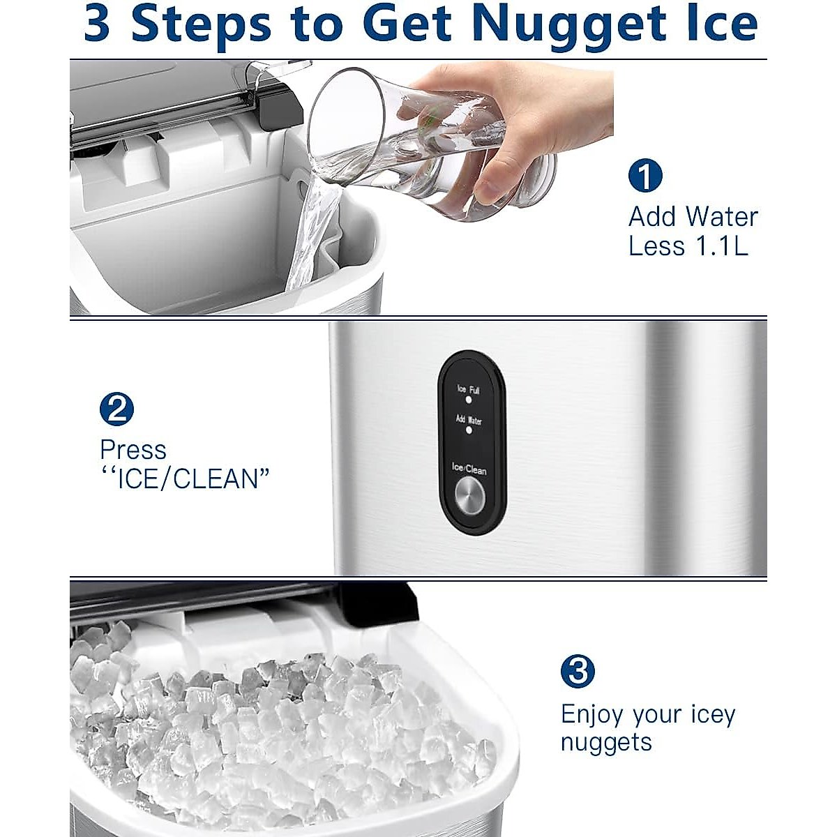 Kndko Nugget Ice Maker Countertop,33lbs/Day, Pellet ice Maker,a Basket in 1.5 Hour, Self-Cleaning, One-Click Design, Compact Crushed Ice Maker with Chewy Ice for Home Bar Party，Silver