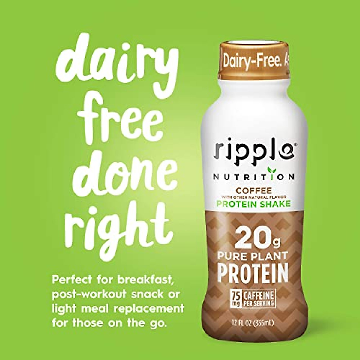 Ripple Vegan Protein Shake | Coffee Flavor | 100mg of Caffeine | 20g Nutritious Plant Based Pea Protein | Shelf Stable | Free of GMOs, Soy, Nut, Gluten, Lactose | 12 oz, Pack of 12
