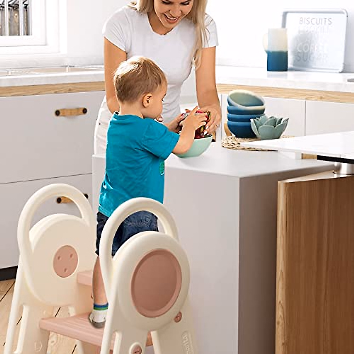 Benarita Step Stool for Toddler 3 Step Stool, Kids Foldable Step Stool for Bathroom Sink, Kitchen Counter Standing Tower, Step Ladder with Handles and Non-Slip Pads for Toilet Potty Training,Pink