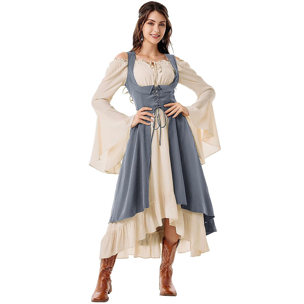 Scarlet Darkness Women Renaissnace Faire Costume Peasant Medieval Lace Up Overdress Slate Gray S