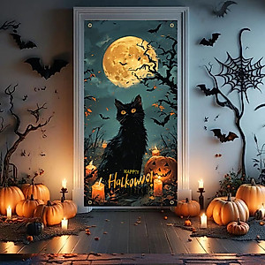 Halloween Door Cover Halloween Birthday Party Door Decorations Door scary window Banner 35.4 X 70.8 Inches Cat Theme Door Cover Halloween Birthday Decorations Sign Front Door for Halloween Party outdoor Supplies Decor (cat)