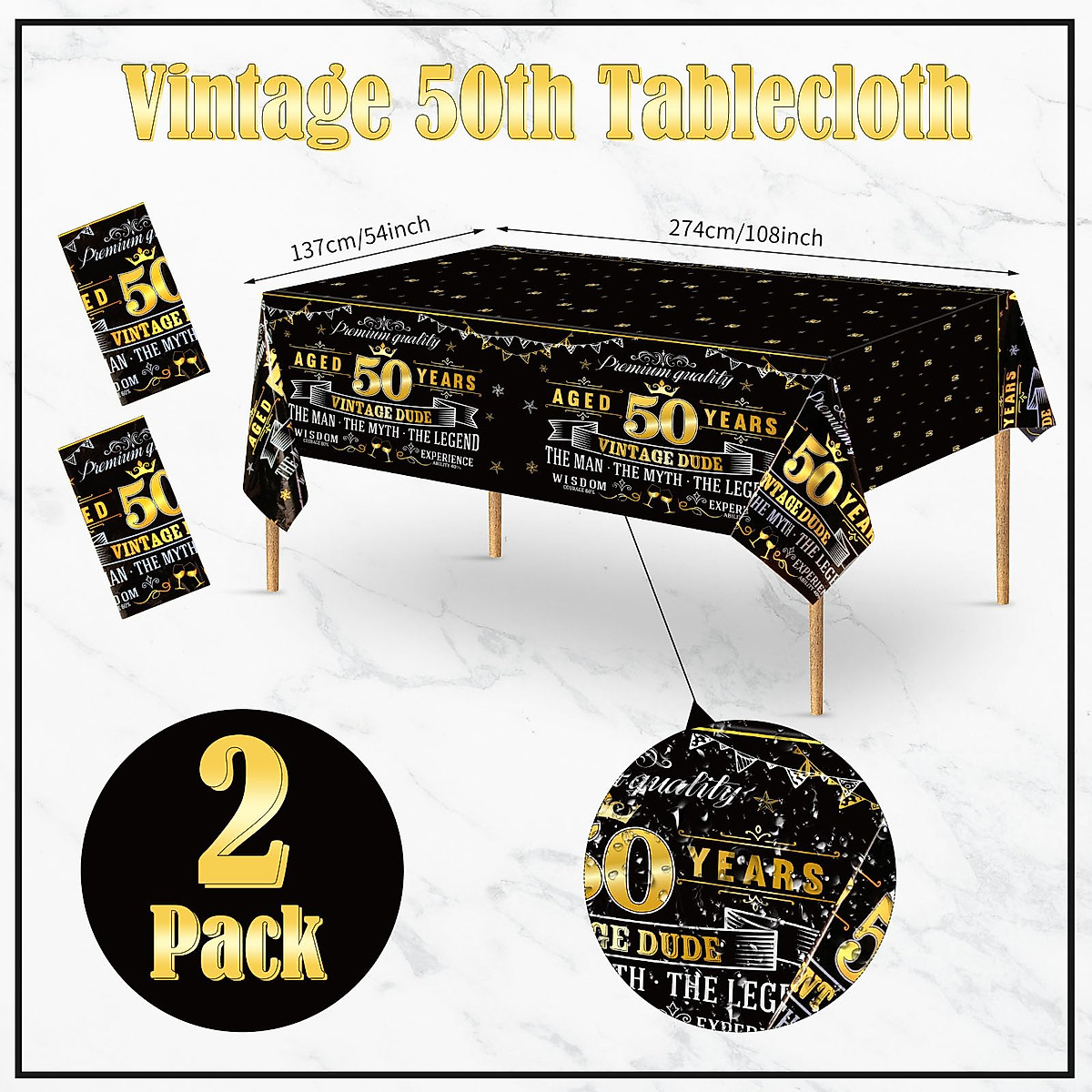 183 Pcs Vintage 50th Party Tableware Set, Black Gold Vintage Happy 50 Birthday Tablecloth 24 Guests Dinner Plates Dessert Plate Cup and Napkins for Men Cheers 50th Theme Birthday Party Supplies