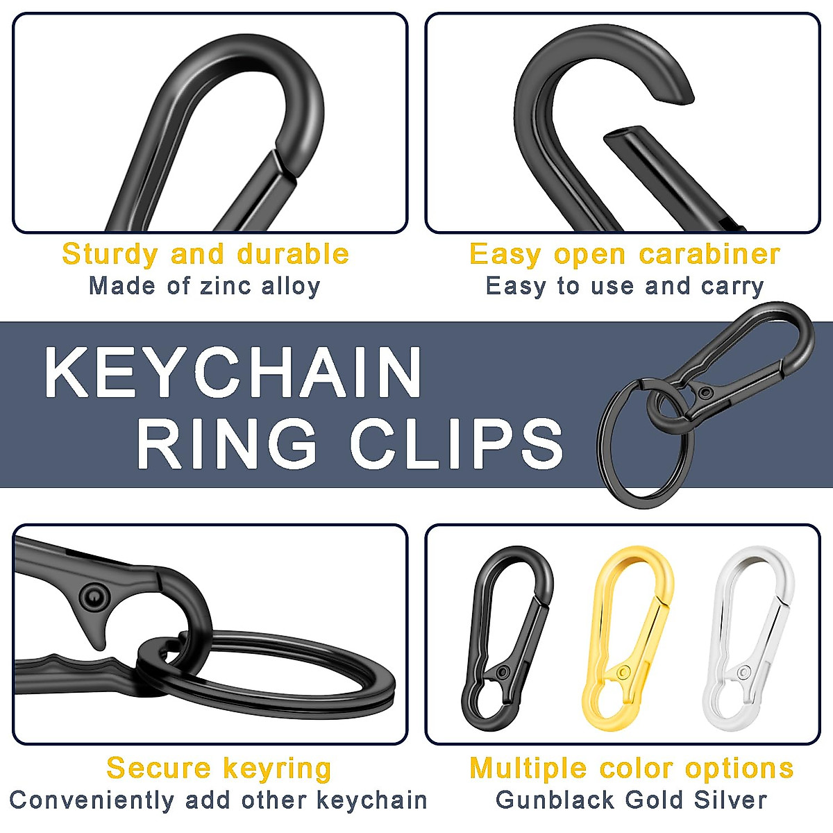 4Pack Small Keychain Rings, Metal Key Carabiner Clip, Mini EDC Key Ring Chain Holder Organizer for Purse Charm Hook, Car Keychain, Paracord Keychain Lanyard, Men and Women Key Fob (Gun Black)