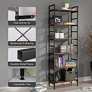 MIOCASA 6 Tier Bookshelf, Adjustable Industrial Bookshelves Organizer, Rustic Wood and Metal Standing Shelving Unit Storage, Tall Display for Living Room, Bedroom and Office