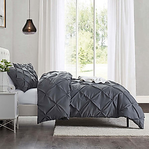 Nestl Grey Duvet Cover Queen Size - Pintuck Queen Duvet Cover Set, 3 Piece Double Brushed Duvet Covers with Button Closure, 1 Pinch Pleated Duvet Cover 90x90 inches and 2 Pillow Shams