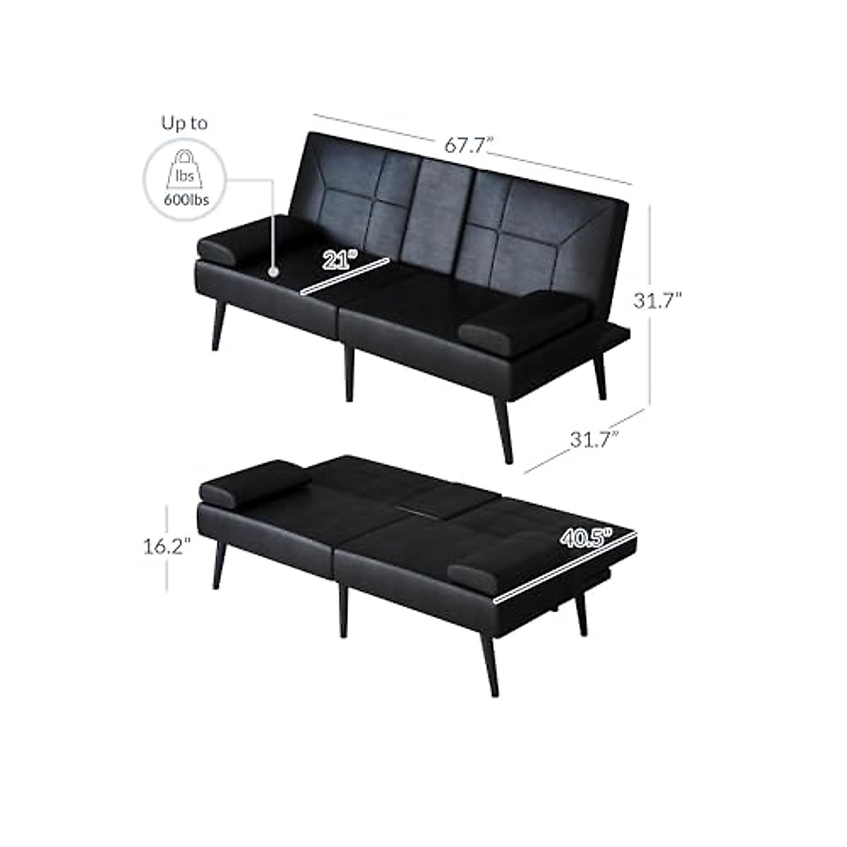 BELLEZE Futon Sofa Bed, Comfy Couch Convertible Sofa Bed with 2 USB Ports, Removable Armrests and Adjustable Backrest, Modern Loveseat Sofa for Living Room, Small Space - Madison (Black Faux Leather)