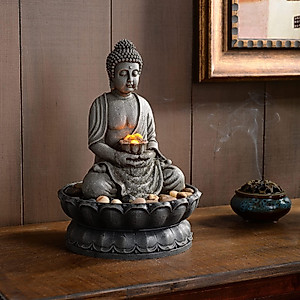 GOSSI 11.2 in Tall Indoor Tabletop Buddha Fountains Desk Water Fountain Sitting Buddha Fountain Zen Fountain w/ Reflective Lighting/Cobblestone Office and Home Decor
